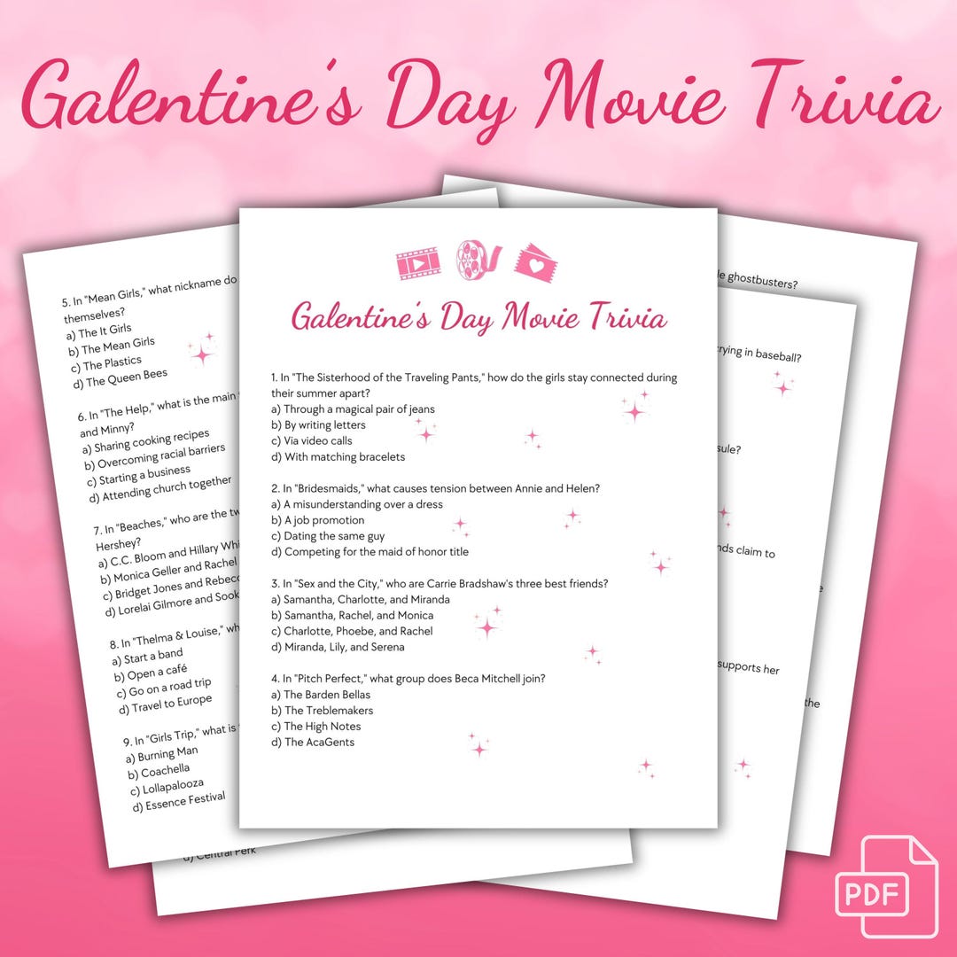 Galentines Day Movie Trivia, Printable Girls Party Trivia Game, Film ...