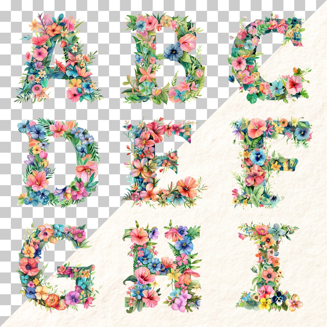 Floral English Alphabet, Watercolor Style Flower Alphabet, Botanical ...