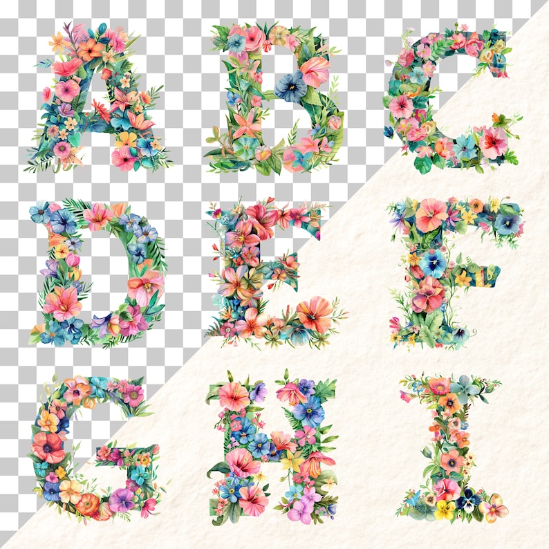 Floral English Alphabet, Watercolor Style Flower Alphabet, Botanical ...