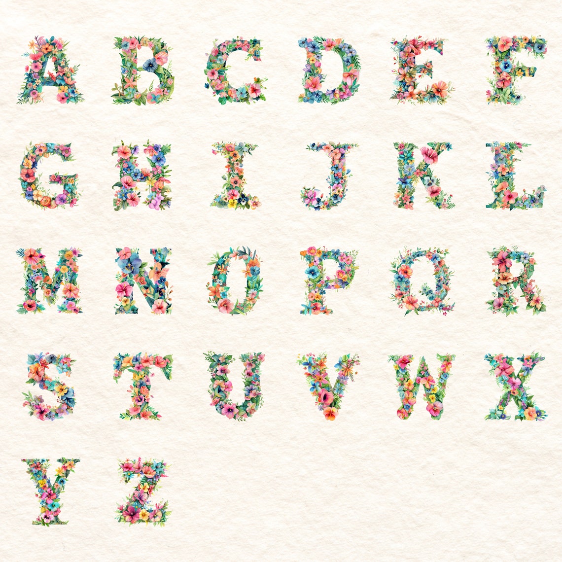 Floral English Alphabet, Watercolor Style Flower Alphabet, Botanical ...