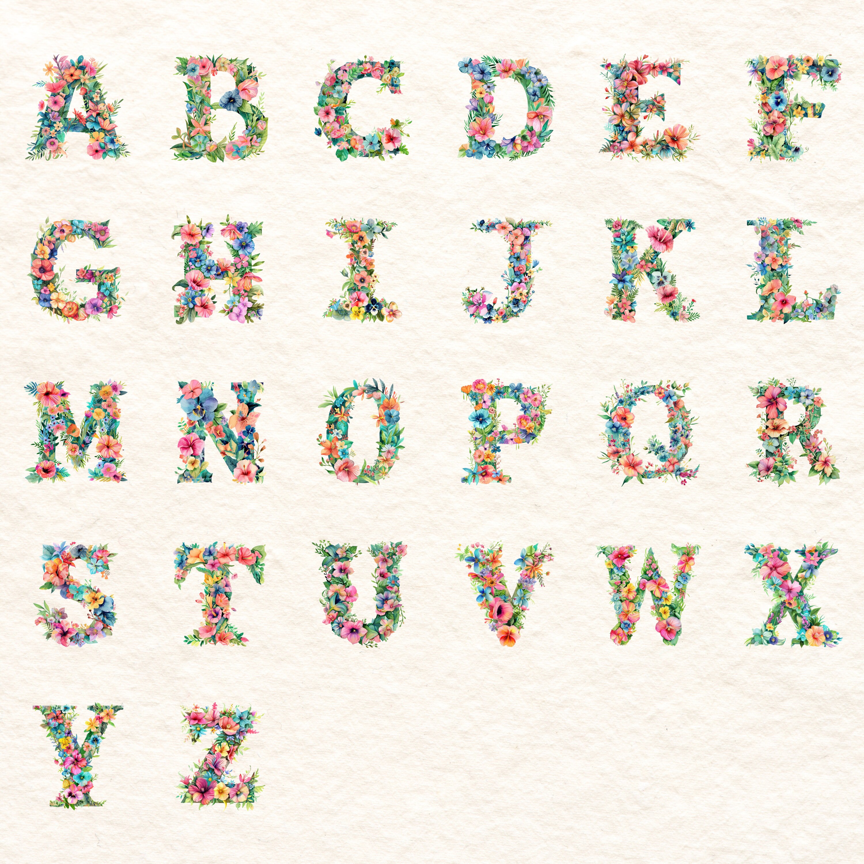 Floral English Alphabet, Watercolor Style Flower Alphabet, Botanical ...