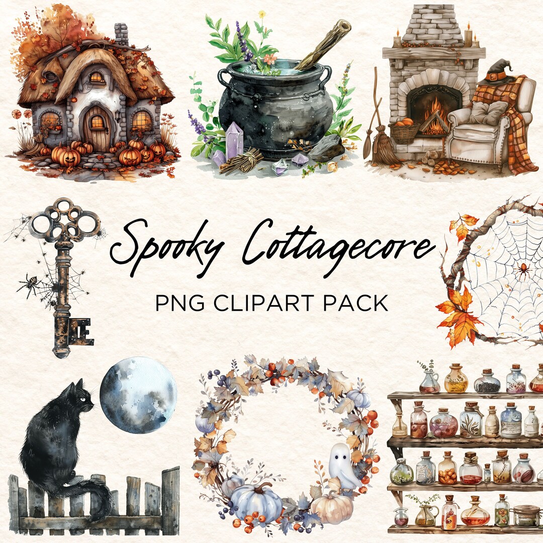 Spooky Cottagecore Halloween Clipart Pack, Watercolor Style Halloween ...
