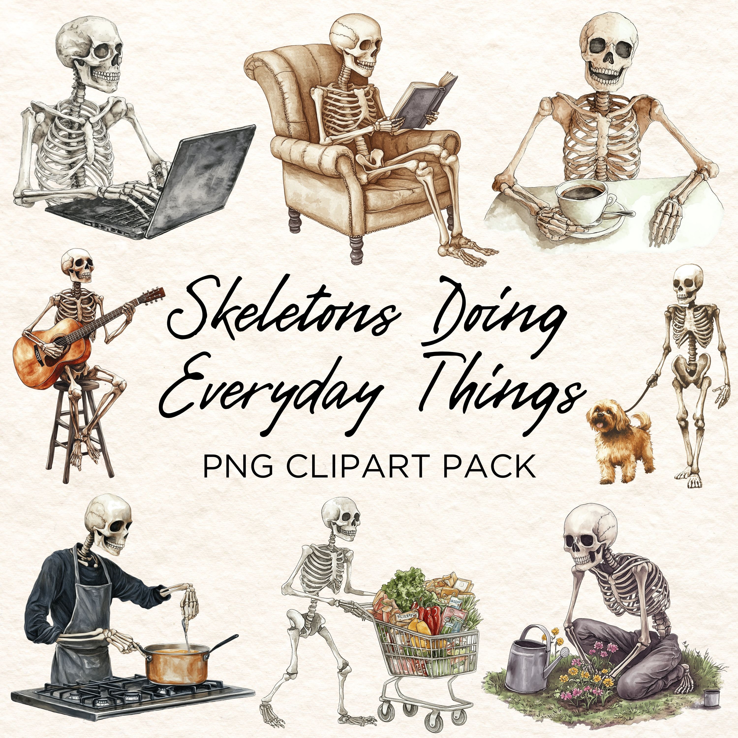 Skeletons Doing Everyday Things Clipart Pack, Funny Human Skeleton Clip Art, Instantly ...