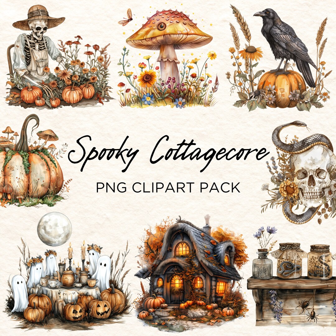 Spooky Cottagecore Halloween Clipart Pack, Watercolor Style Halloween ...