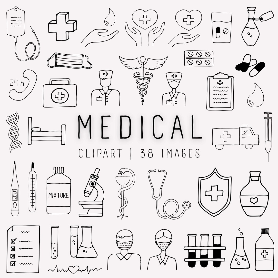 Hand-drawn Medical Clip Art, Hospital Icon Set, Healthcare Images ...