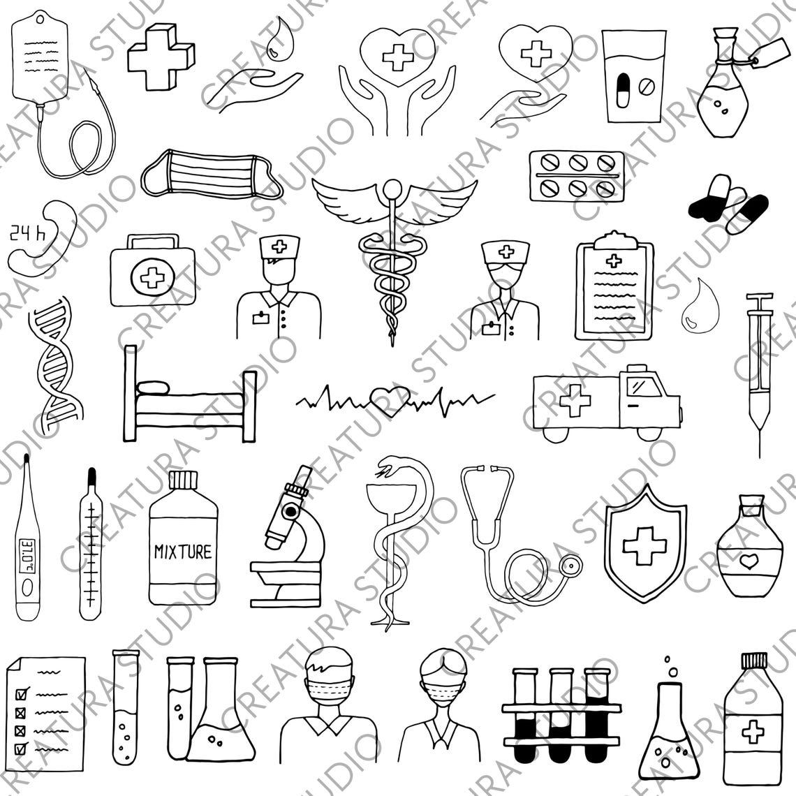 Hand-drawn Medical Clip Art, Hospital Icon Set, Healthcare Images ...
