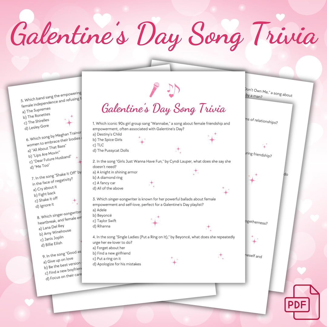 Galentines Day Song Trivia, Printable Girls Party Trivia Game, Music ...