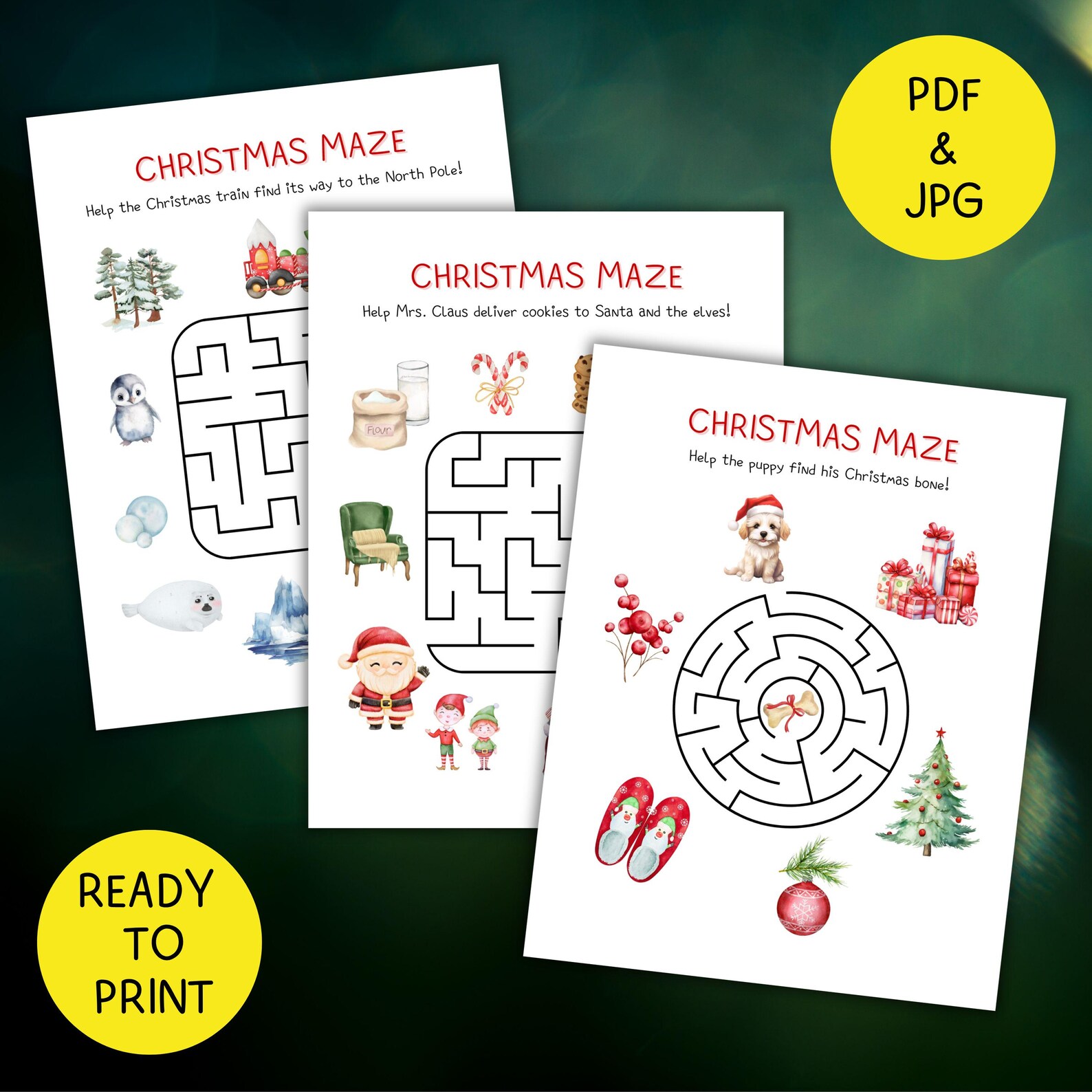 Christmas Maze Games for Kids, Printable Xmas Maze Puzzles for Children ...