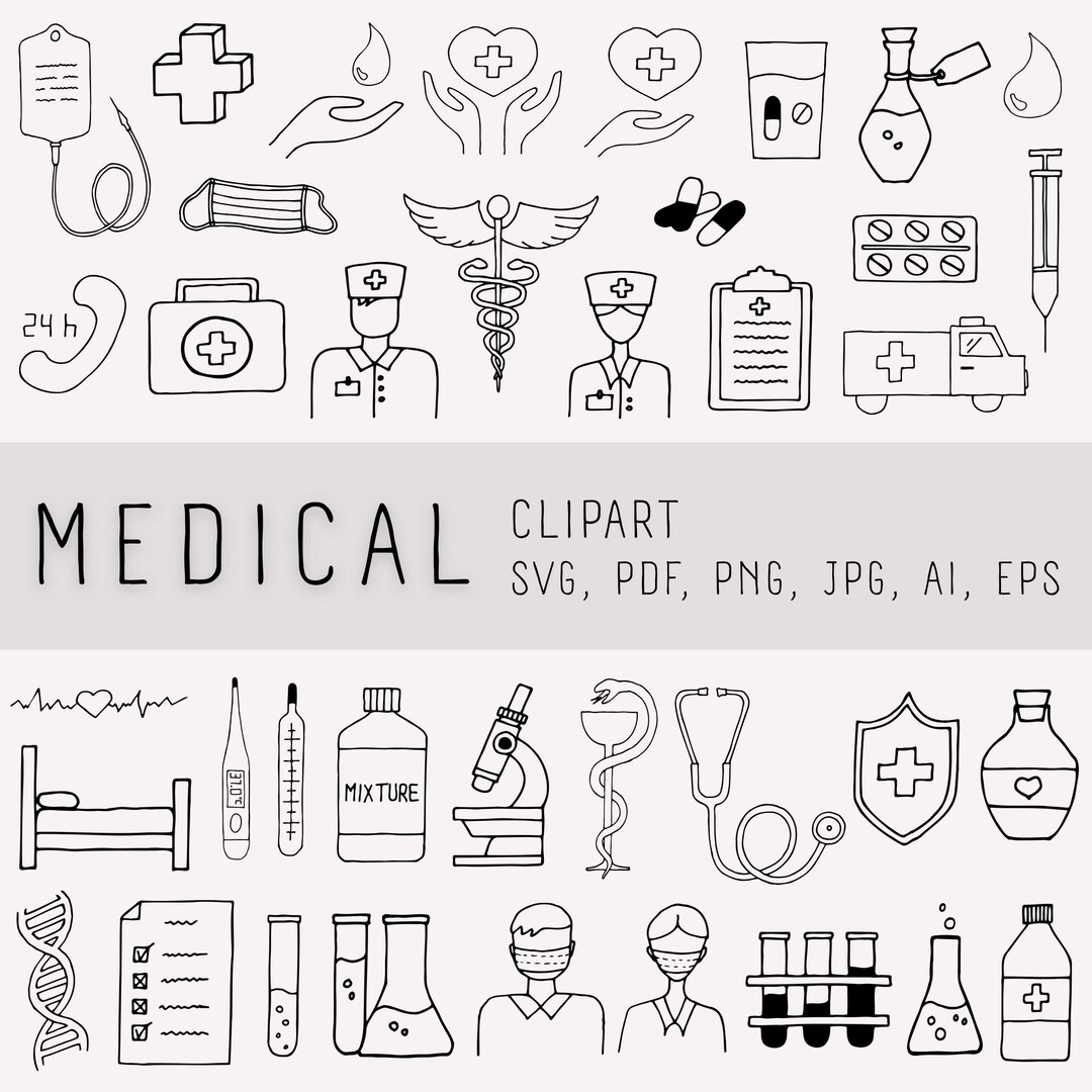 Hand-drawn Medical Clip Art, Healthcare Images, Hospital Icon Set ...