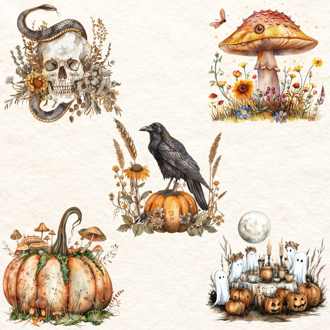 Spooky Cottagecore Halloween Clipart Pack, Watercolor Style Halloween ...
