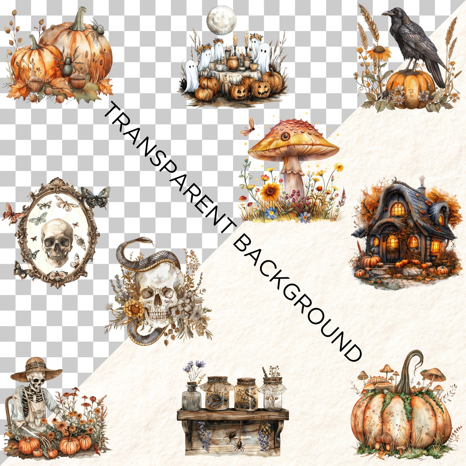 Spooky Cottagecore Halloween Clipart Pack, Watercolor Style Halloween ...