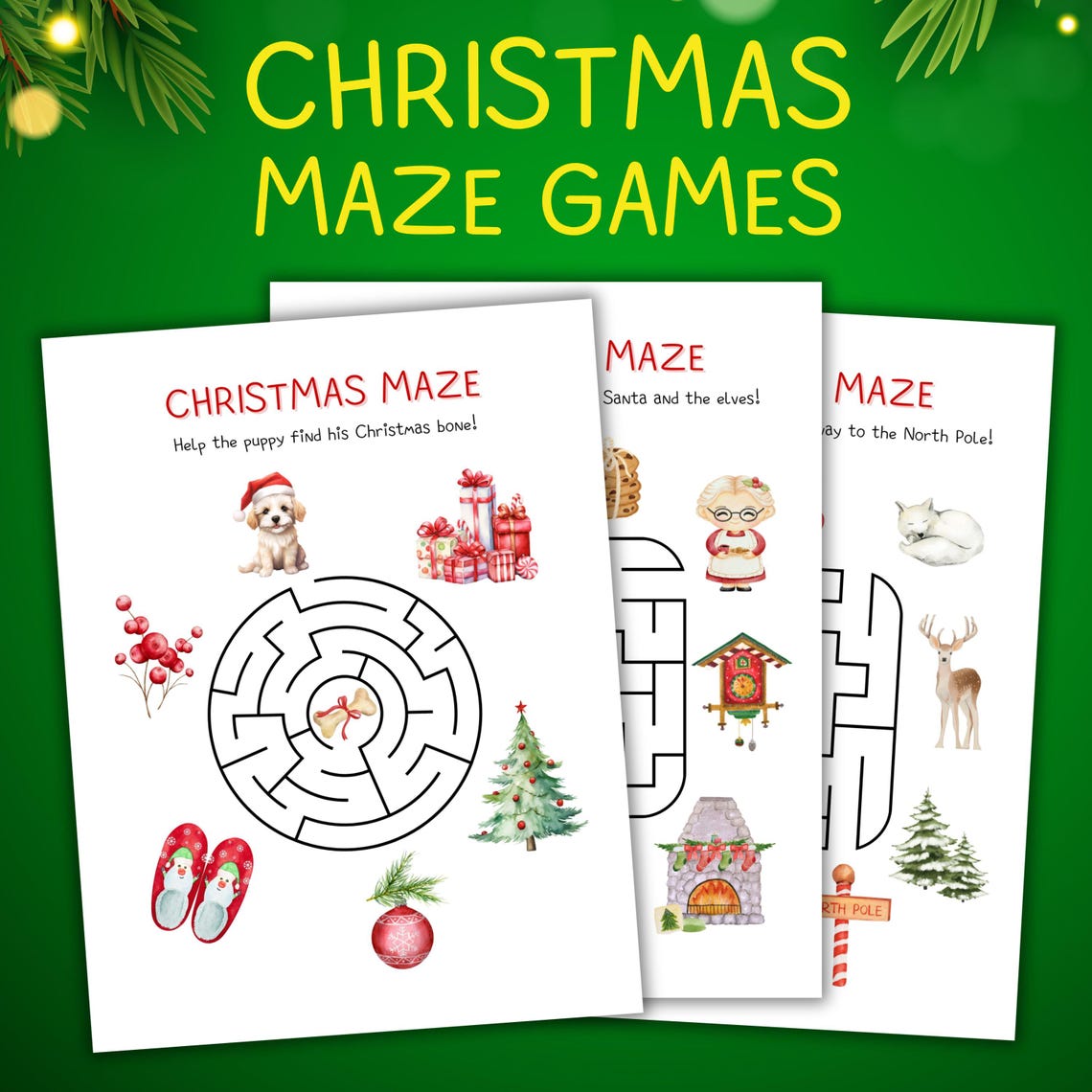 Christmas Maze Games for Kids, Printable Xmas Maze Puzzles for Children ...