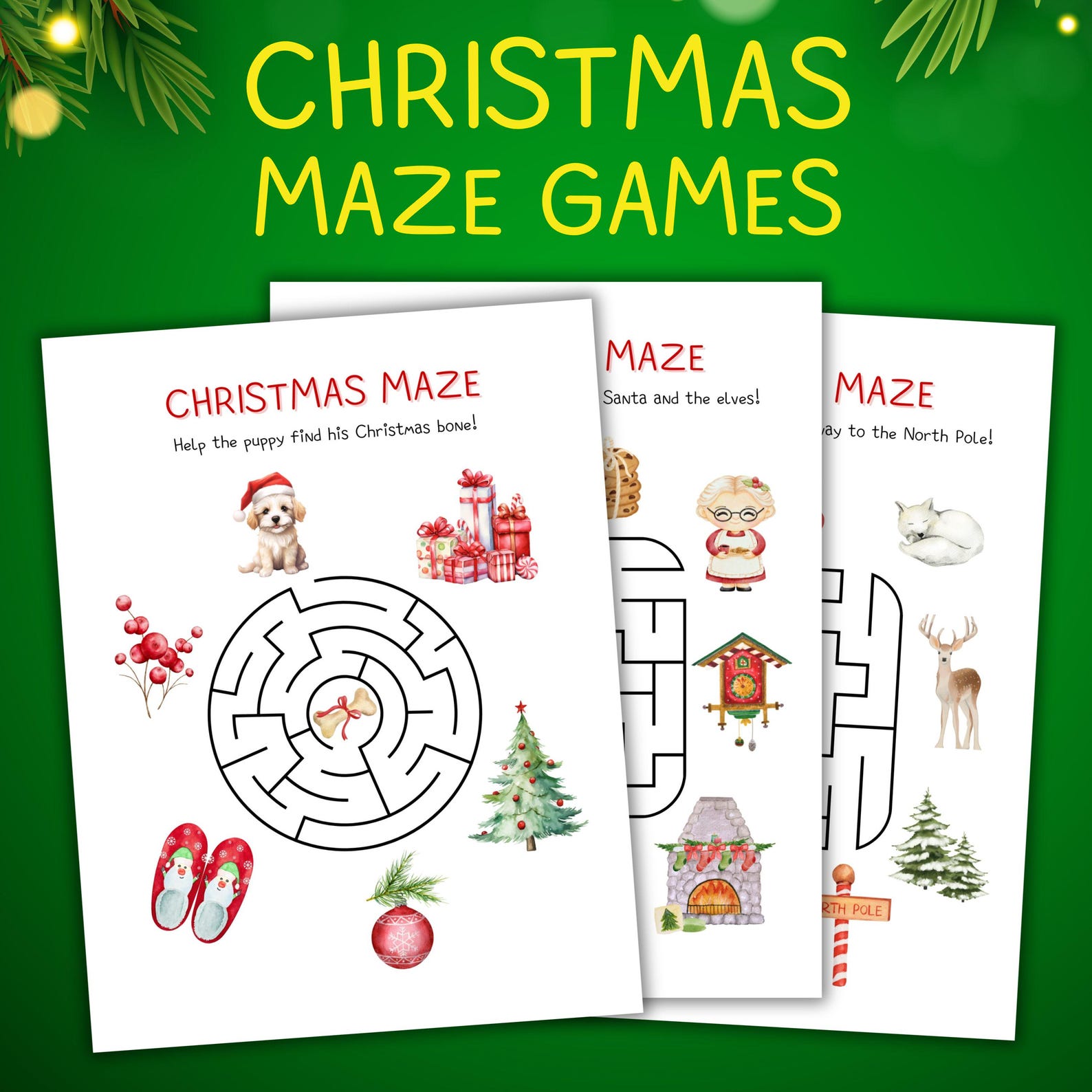 Christmas Maze Games for Kids, Printable Xmas Maze Puzzles for Children ...