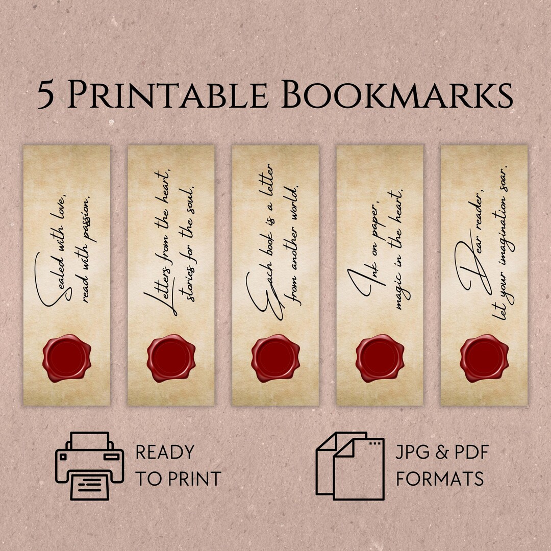 5 Printable Bookmarks, Fancy Vintage Style Bookmarks With Wax Seal ...