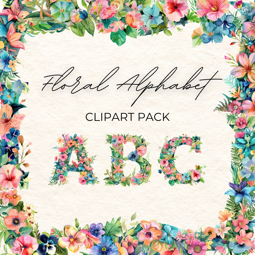 Floral English Alphabet, Watercolor Style Flower Alphabet Clipart ...