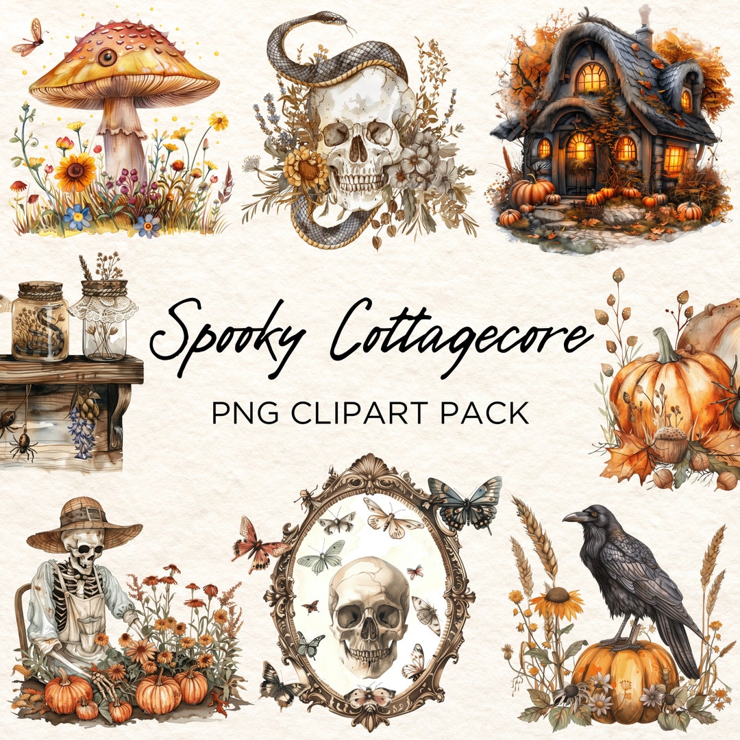 Spooky Cottagecore Halloween Clipart Pack, Watercolor Style Halloween ...