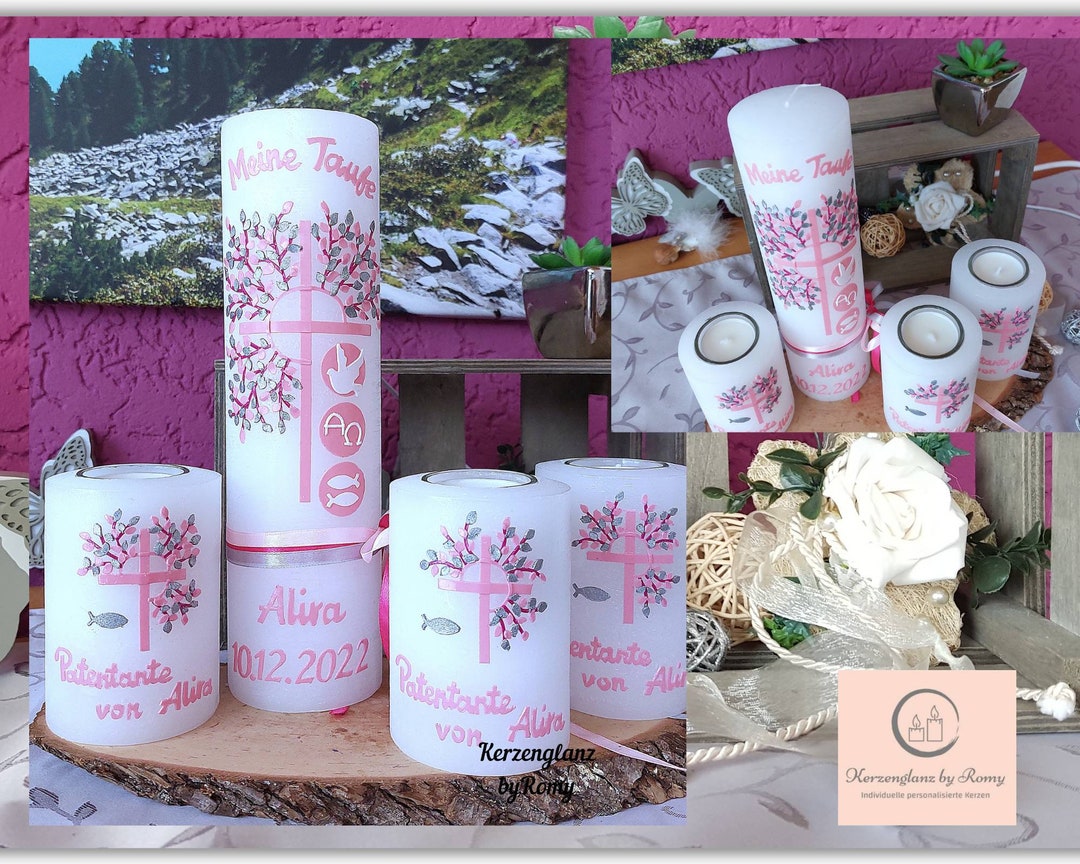 Christening Candle Cross Tree of Life Silver Pink for Girls Christening ...