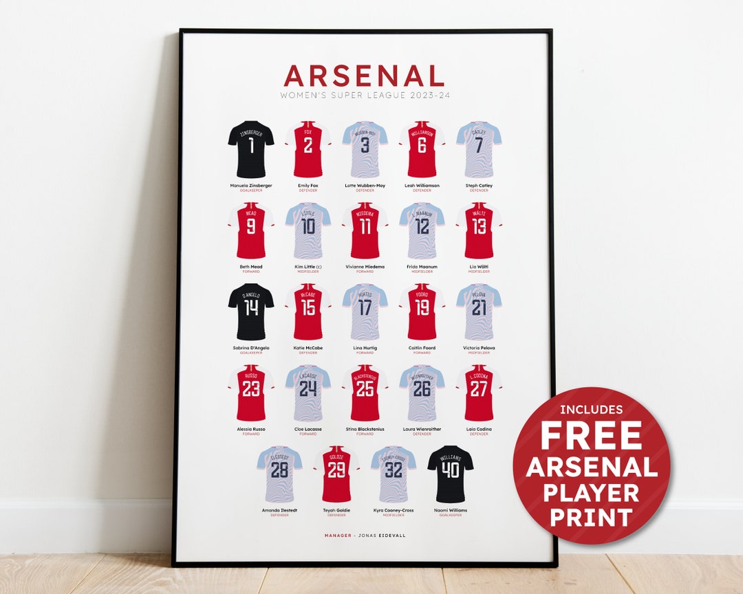 Arsenal Women's Super League 2023-24 Squad Print - Shirt Poster Art ...