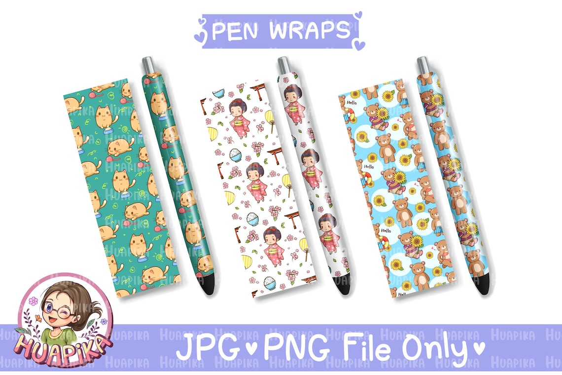 Cute Cartoon Print Pen Wraps Jpg, Png File Set, Seamless Pen Wraps ...