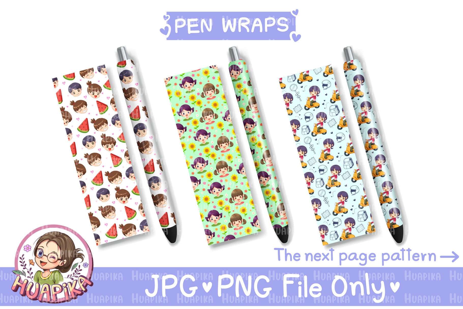 Cute Cartoon Print Pen Wraps Jpg, Png File Set, Seamless Pen Wraps ...