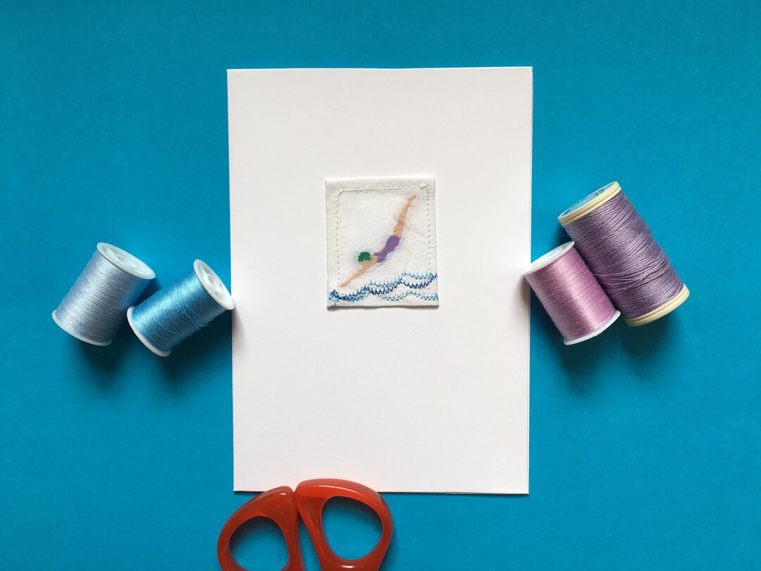 Swimmer Card, Diver Card, Embroidered Card, Female Swimmer Card, Sea ...