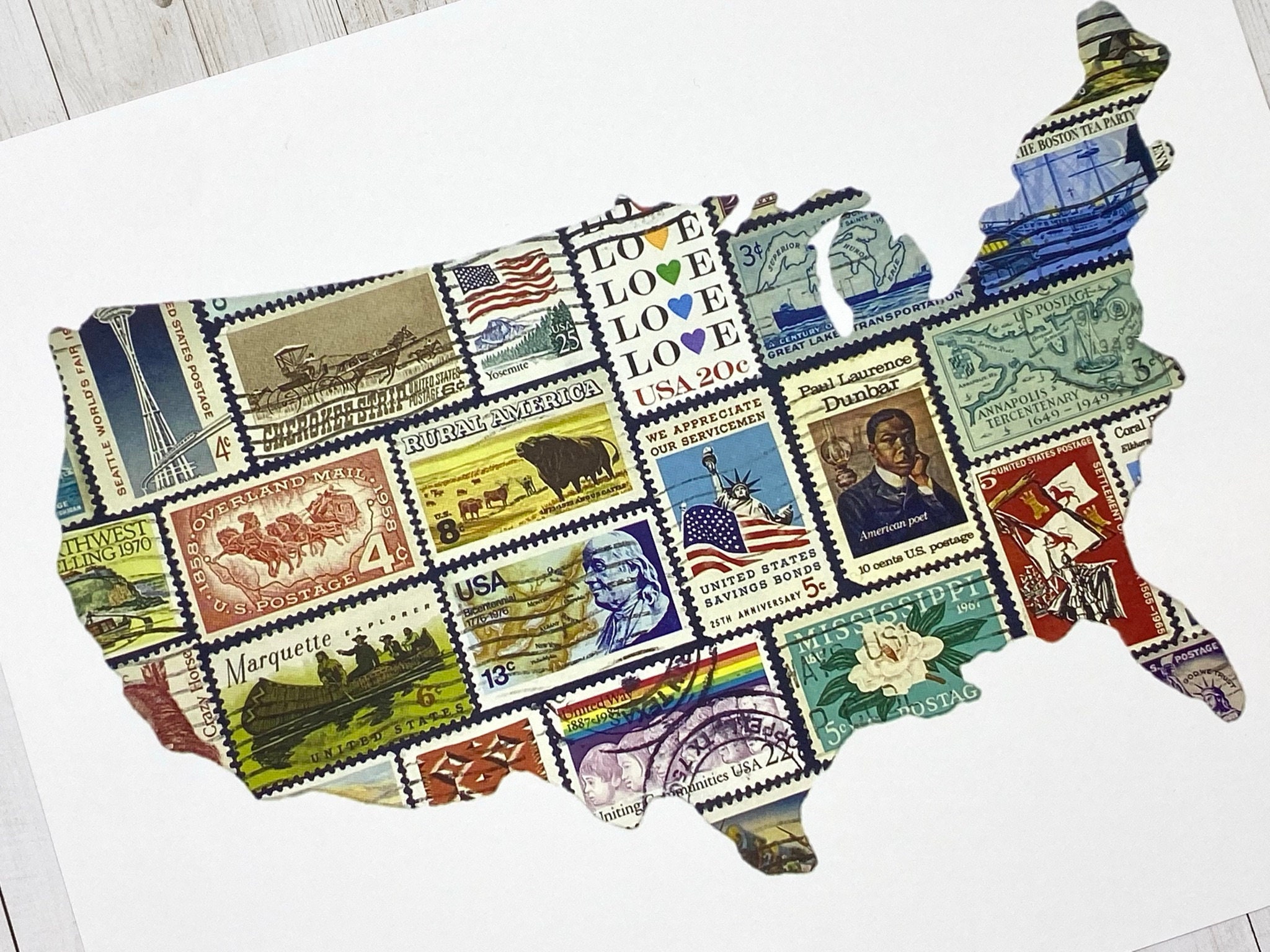 USA Map Postage Stamp Art Print in 8x10 - Etsy.de