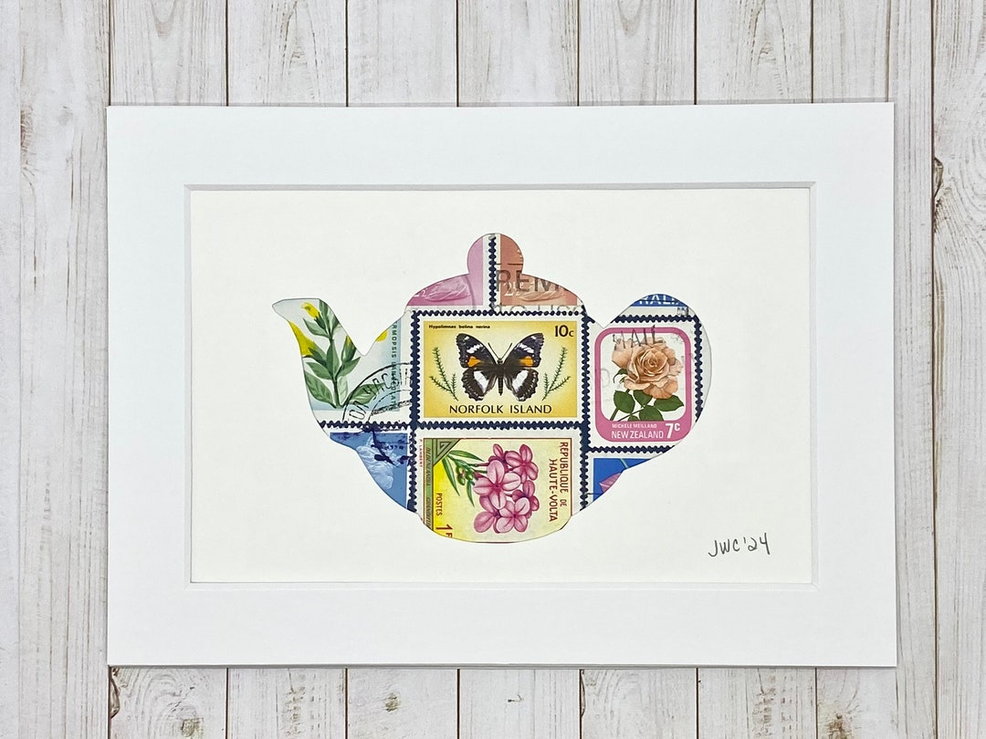 Teapot Stamp Art: Rainbow Postage Stamp Collage (5x7) - Etsy