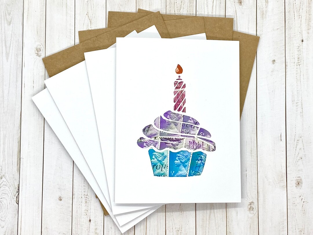 Birthday Cupcake Note Cards, Blank Interior, Postage Stamp Art, Thank ...