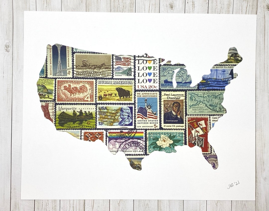 USA Map Postage Stamp Art Print in 8x10 - Etsy