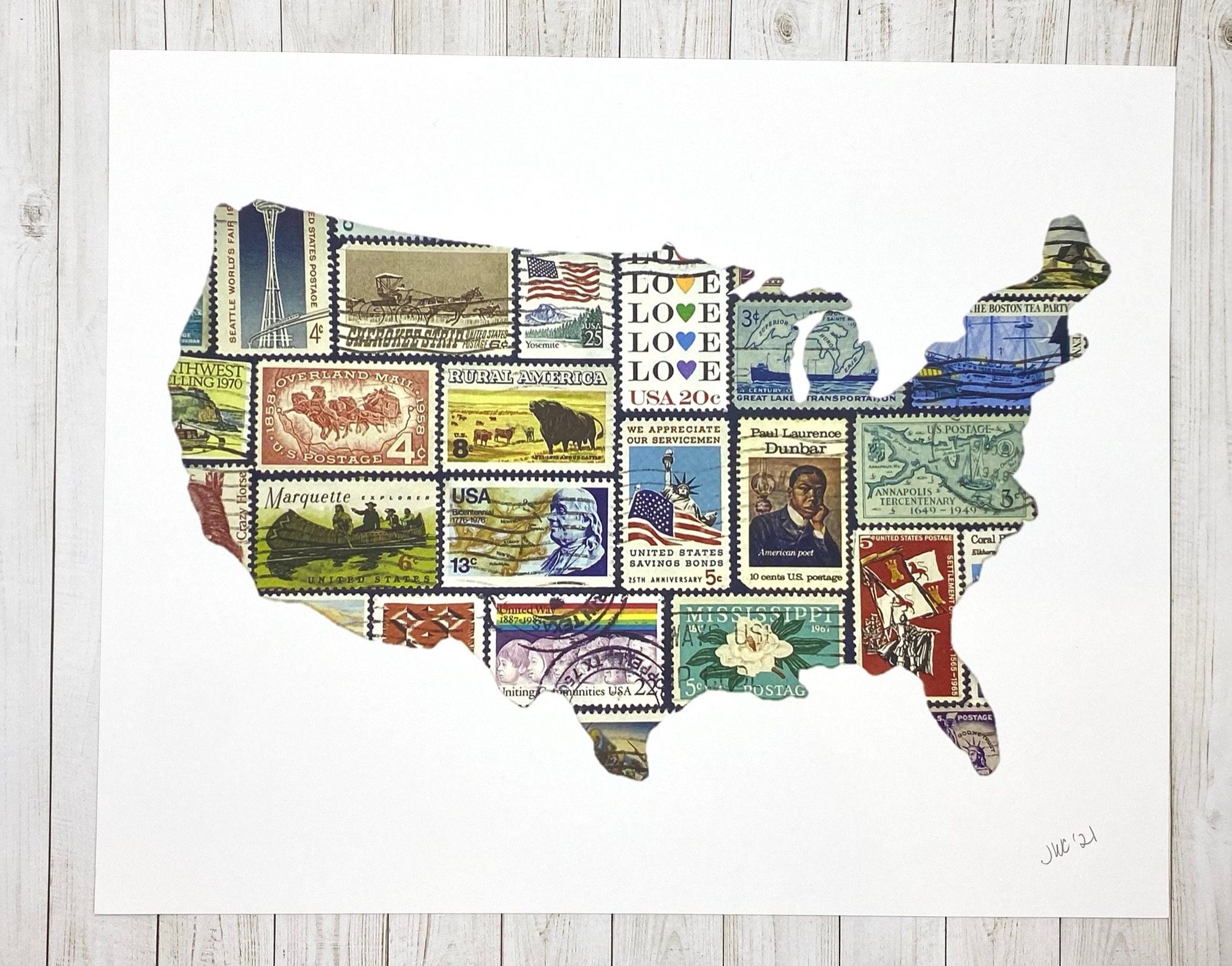 USA Map Postage Stamp Art Print in 8x10 - Etsy.de