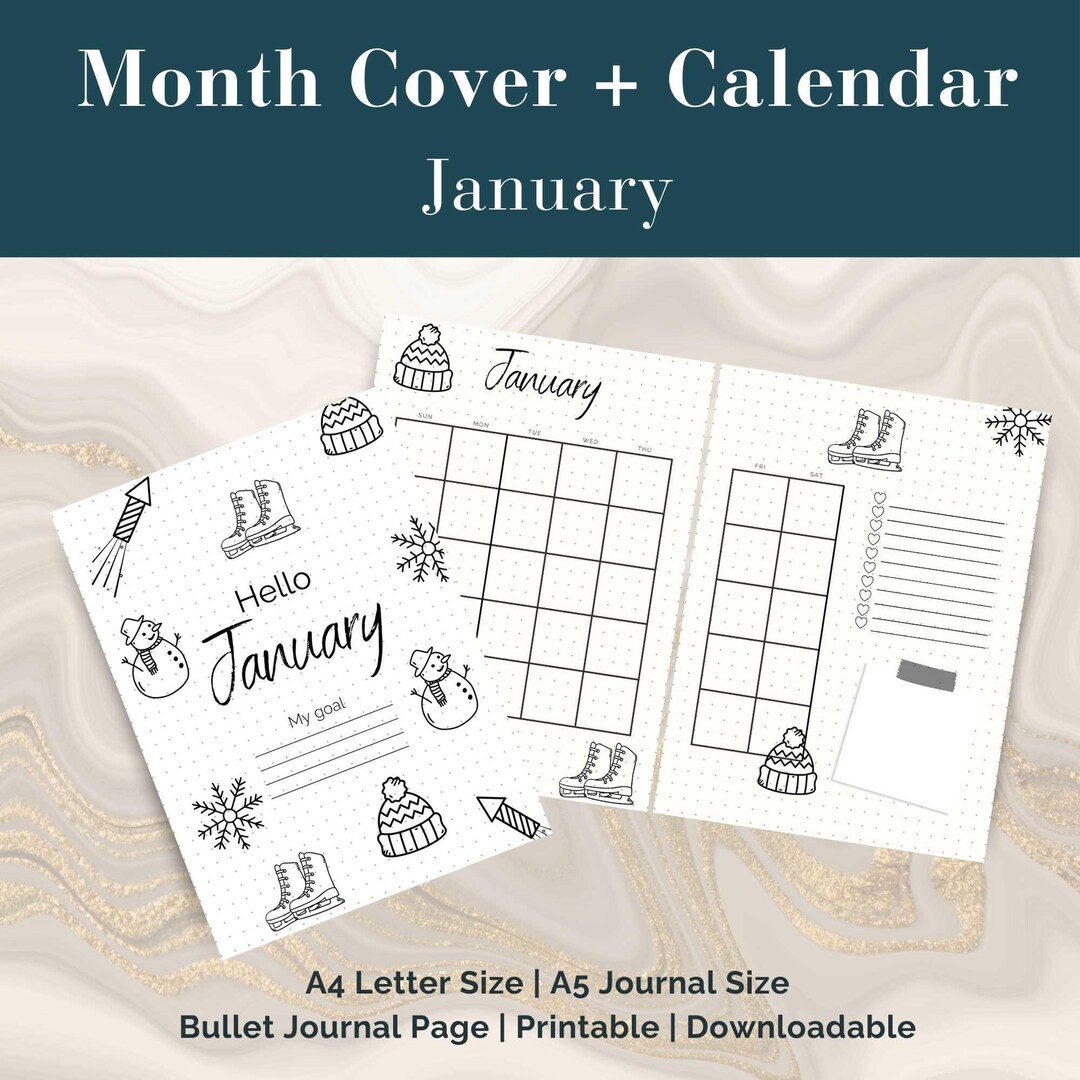 January Cover + Calendar for Bullet Journal | Monthly Page Printable ...