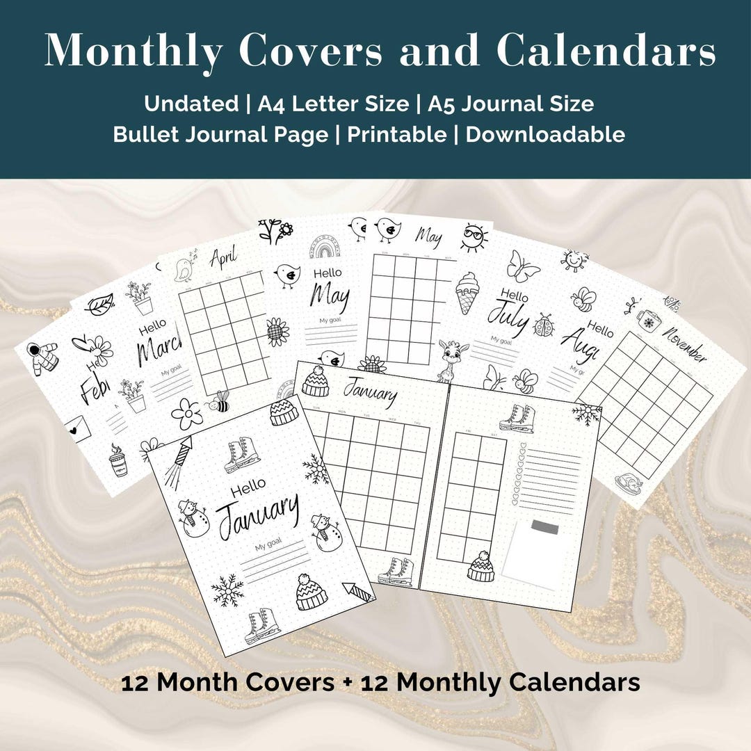 12 Month Covers + Calendars for Bullet Journal | Title Page Printable ...