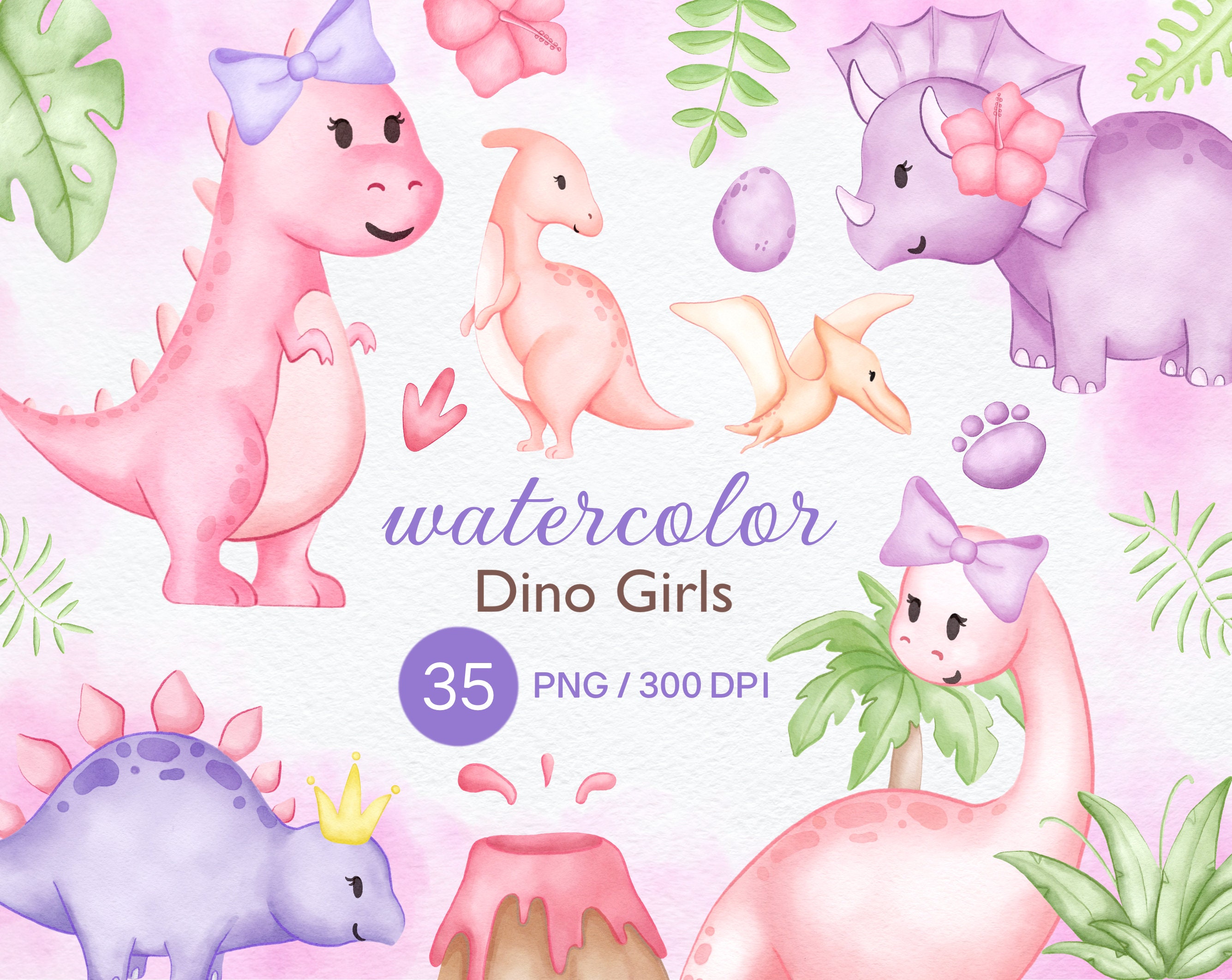 Girl Dinosaur Clipart Watercolor Dinosaur Clipart Baby Girl - Etsy Portugal
