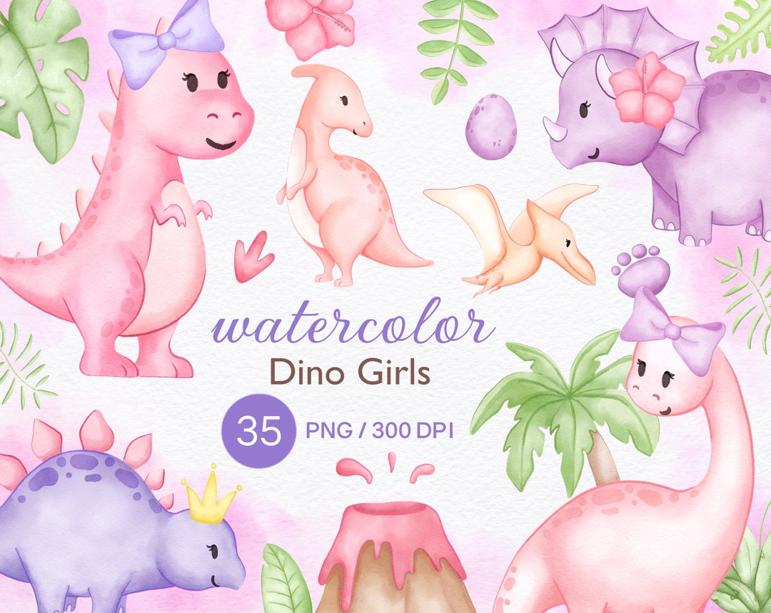 Girl Dinosaur Clipart Watercolor Dinosaur Clipart Baby Girl - Etsy