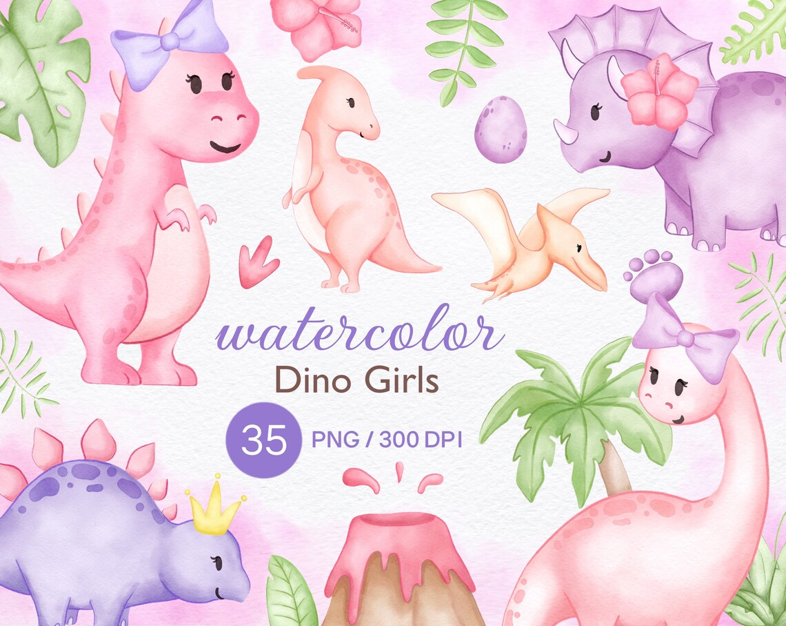 Girl Dinosaur Clipart Watercolor Dinosaur Clipart Baby Girl - Etsy ...