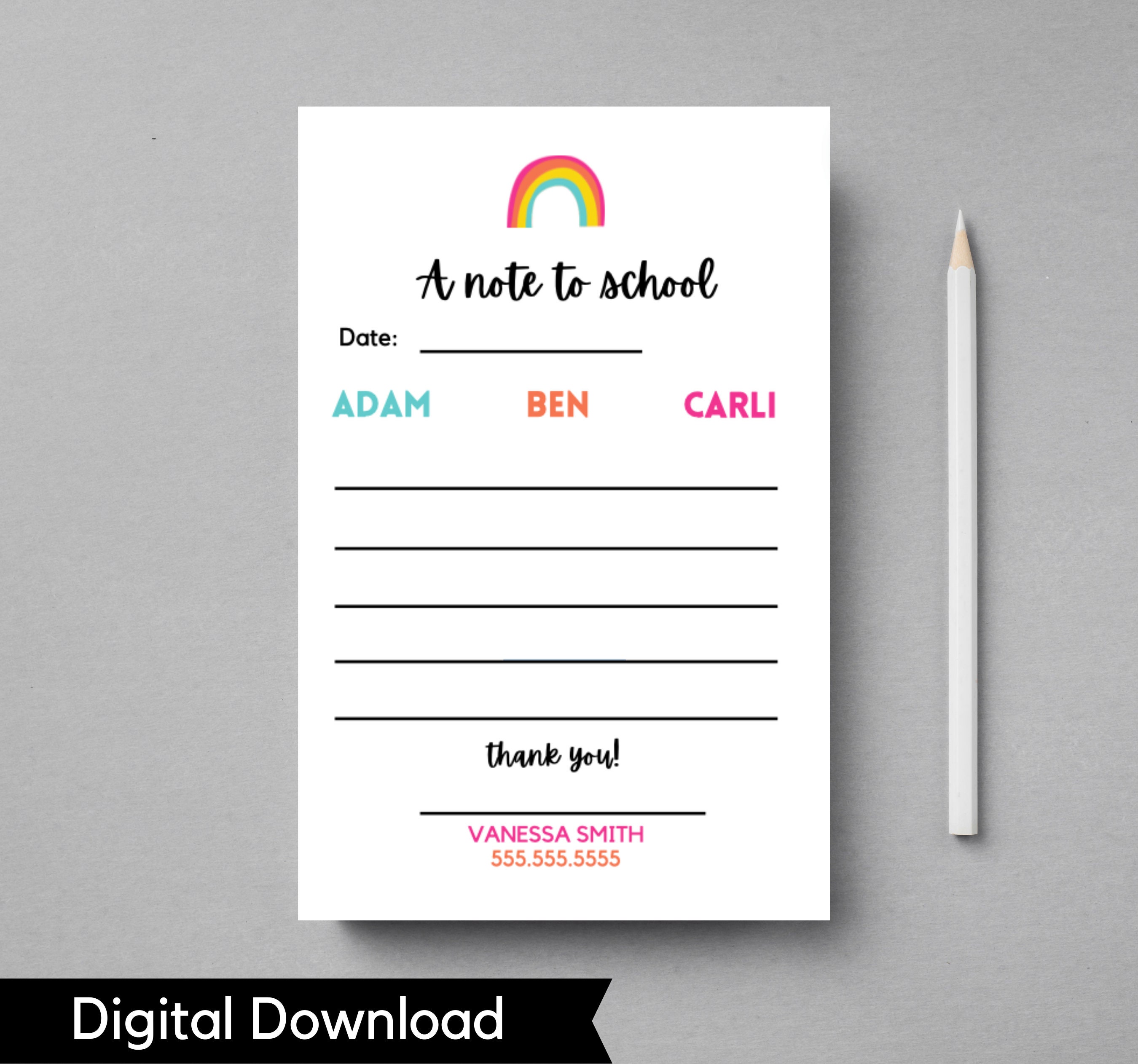 Rainbow Note to School, Printable Notepad, Printable Note, Digital ...