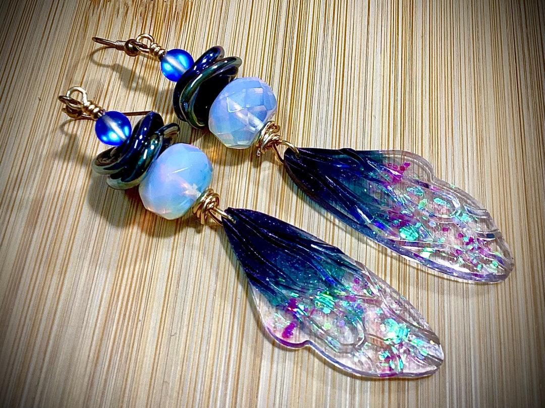 Sparkling Long Angel Wing Earrings, Faceted Opalite, Mystic Aura Quartz, OOAK Handmade Oilslick ...