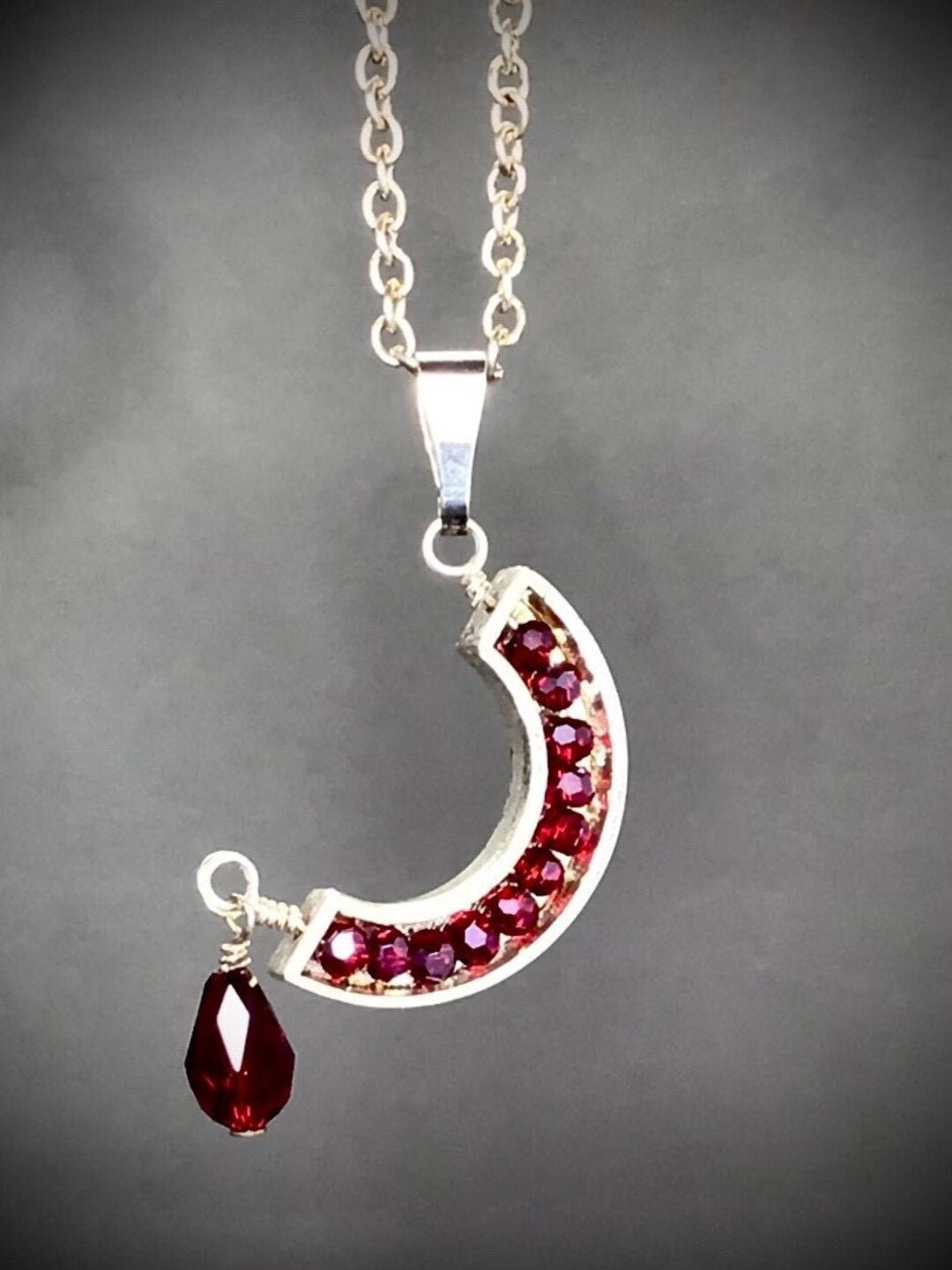Crescent MOON Necklace, Ruby Crystals, Wire Wrapped Silver Plate ...