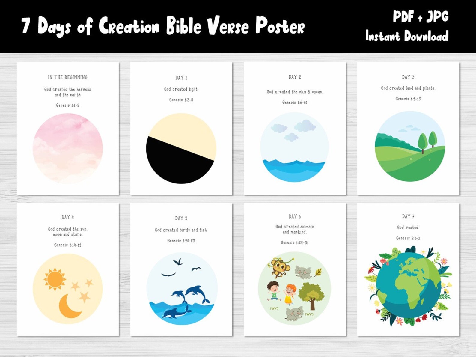 7 Days of Creation Kids Poster/bible Verse Printable/bulletin Board Kit ...