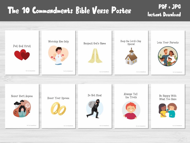 The 10 Commandments Kids Poster/bible Verse Printable/bulletin Board ...