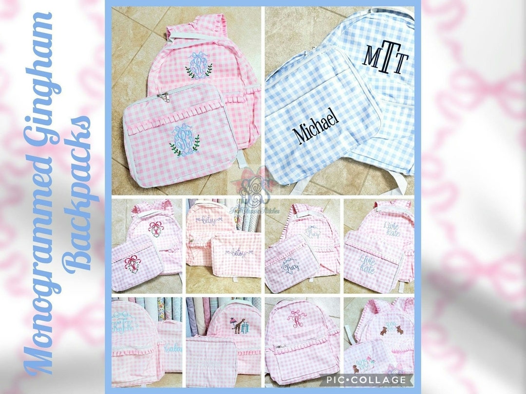 Monogrammed Gingham Backpack Set Pink Ruffle Gingham Backpack Lunch Bag ...