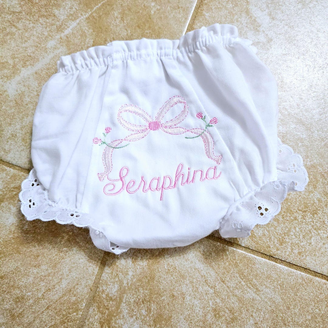 Monogrammed Eyelet Baby Bloomers: Vintage Bow Embroidered Diaper Cover ...