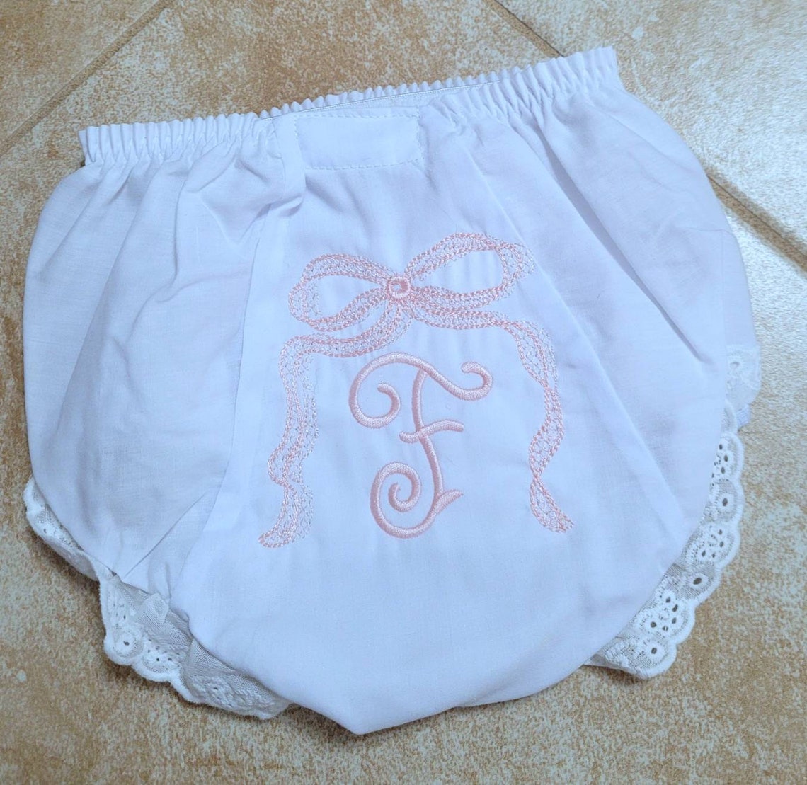 Monogrammed Eyelet Baby Bloomers: Vintage Bow Embroidered Diaper Cover ...