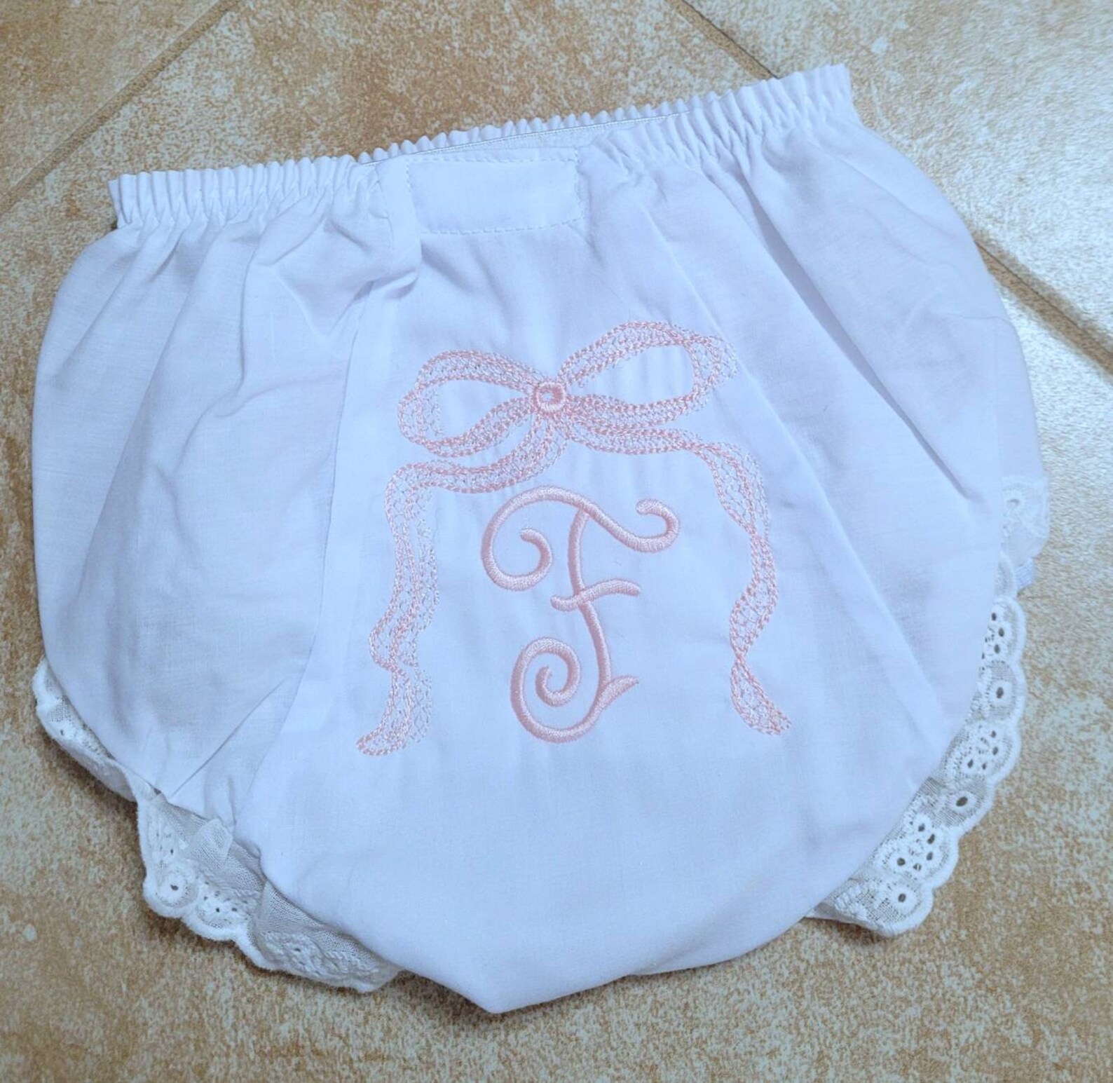 Monogrammed Eyelet Baby Bloomers: Vintage Bow Embroidered Diaper Cover ...