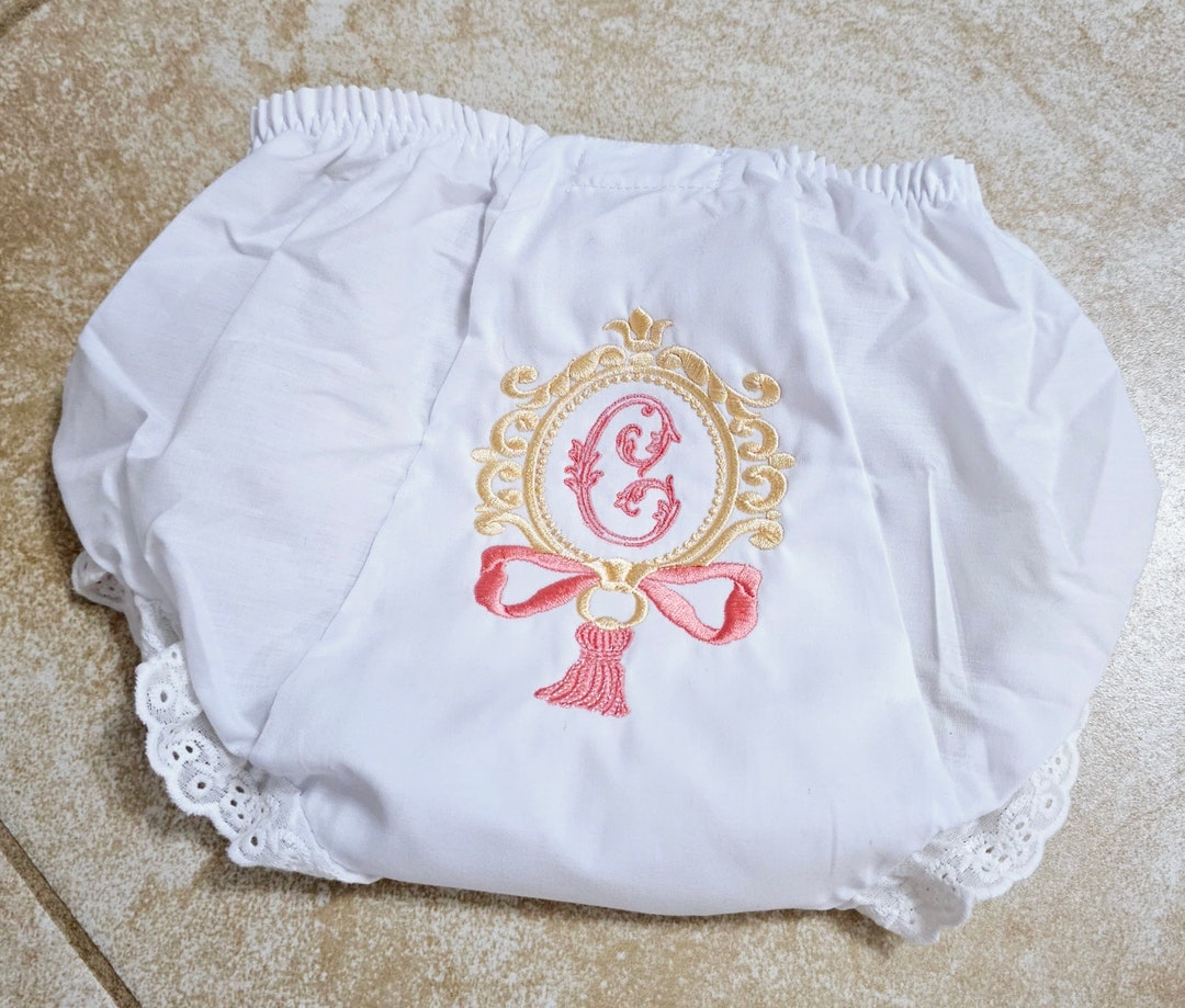 Monogrammed Bloomers Diaper Cover White Eyelet Bloomers Crest Diaper ...