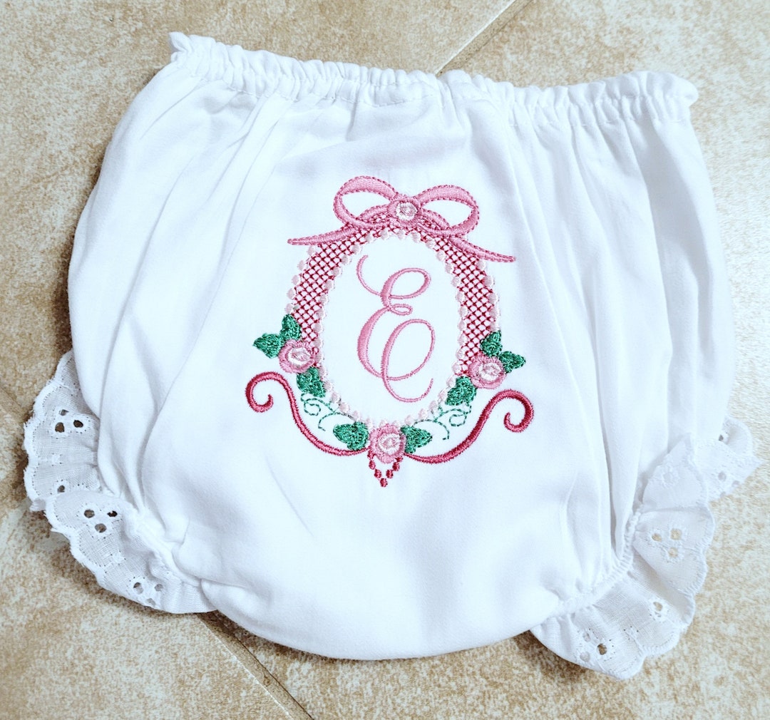 Monogrammed White Eyelet Bloomers Diaper Cover Floral Vintage Baby ...