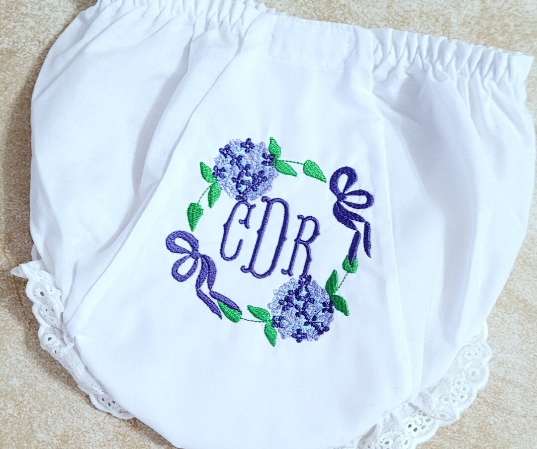 Monogrammed Eyelet Diaper Cover: Hydrangea Baby Bloomers Bow Wreath ...