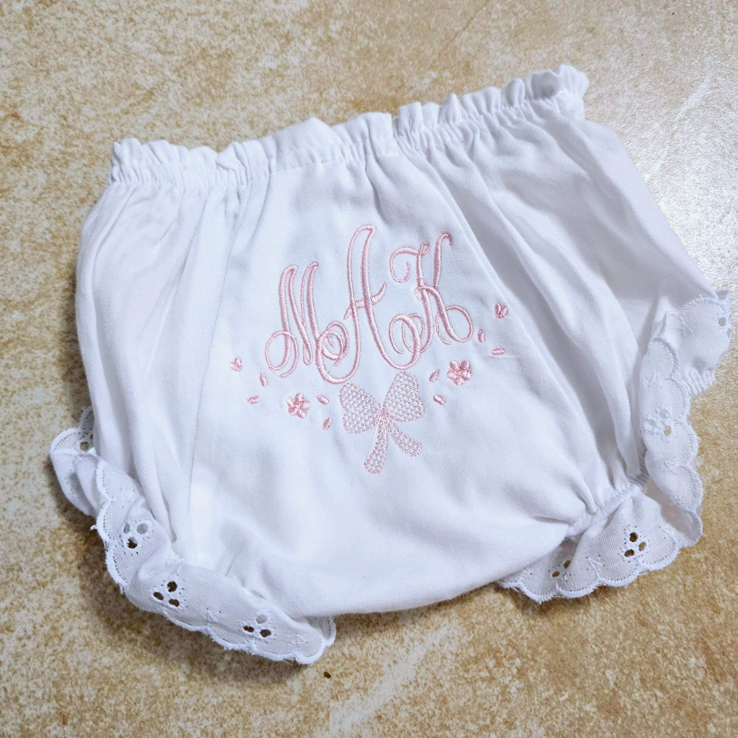 Monogrammed Eyelet Baby Bloomers: Vintage Bow Embroidered Diaper Cover ...