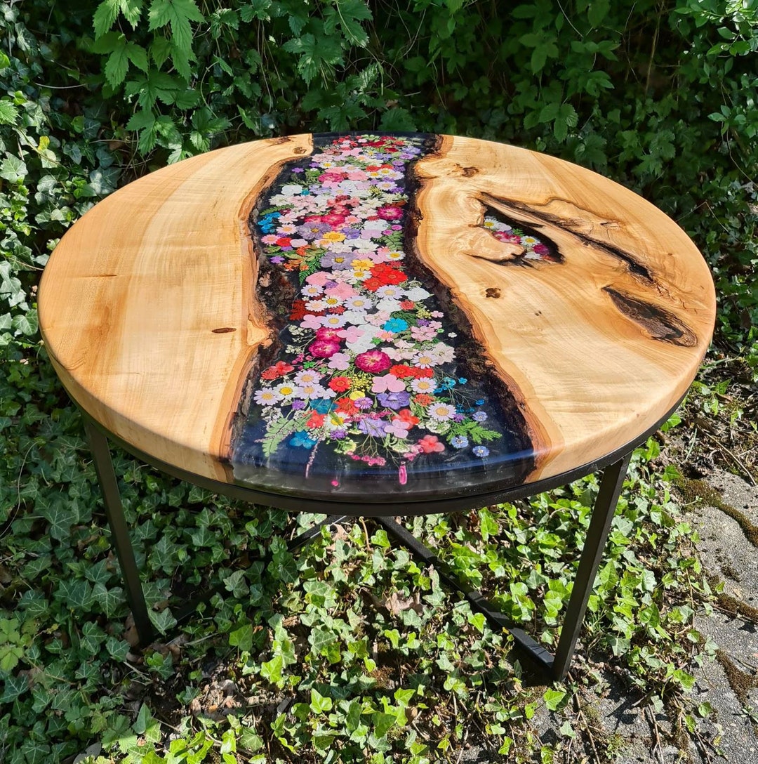 Sofa Table Coffee Table Round, LED, Floral Design, Epoxy Resin Table ...