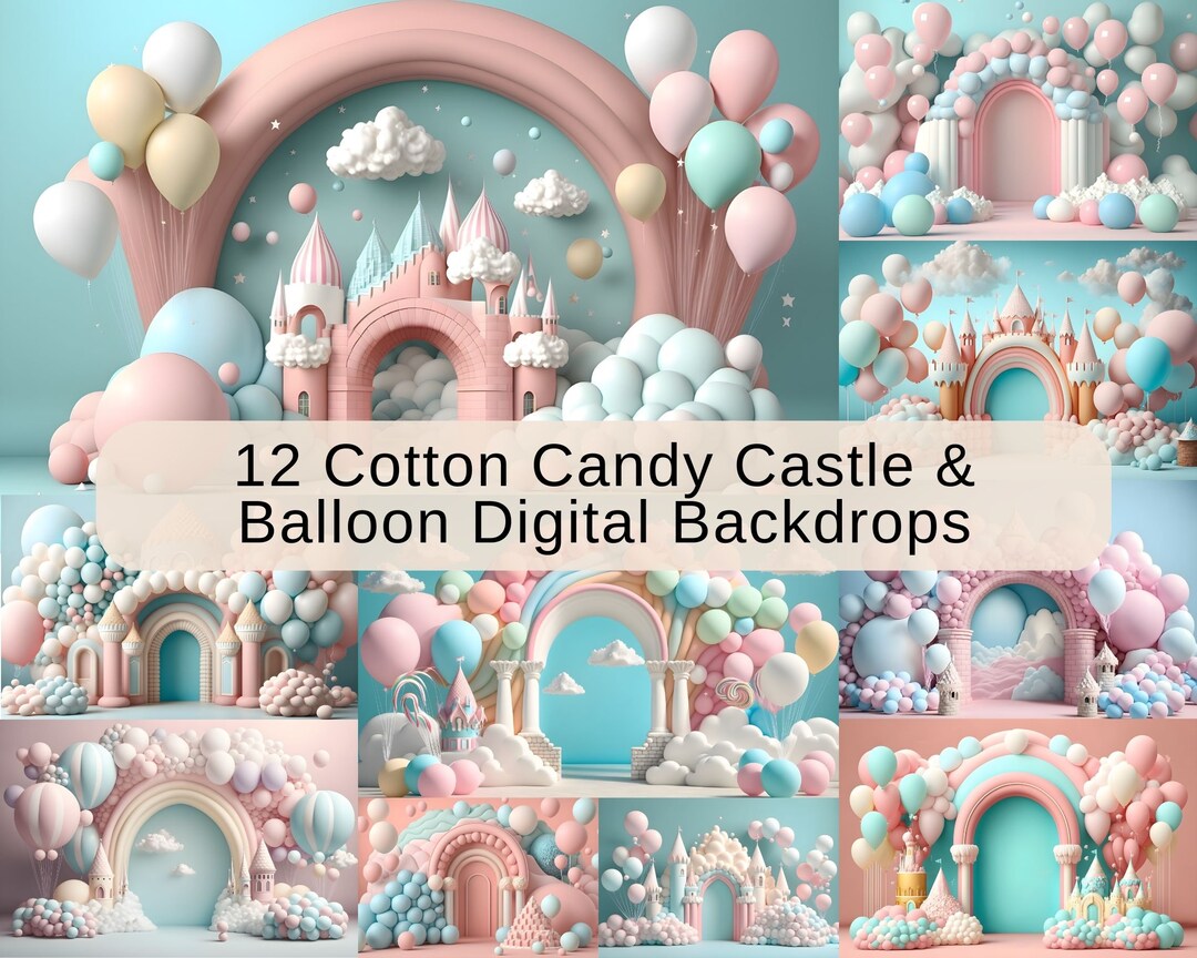 12 Cotton Candy Castle and Balloon Digital Backdrops, Cake Smash ...